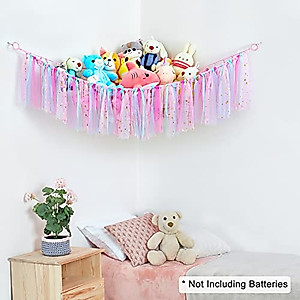 FIOBEE Stuffed Animals Net or Hammock with LED Light, Toy Hammock Hanging Stuffed Animals Storage Organizer Holder Room Décor with Tassels for Nursery Play Room Kids Bedroom