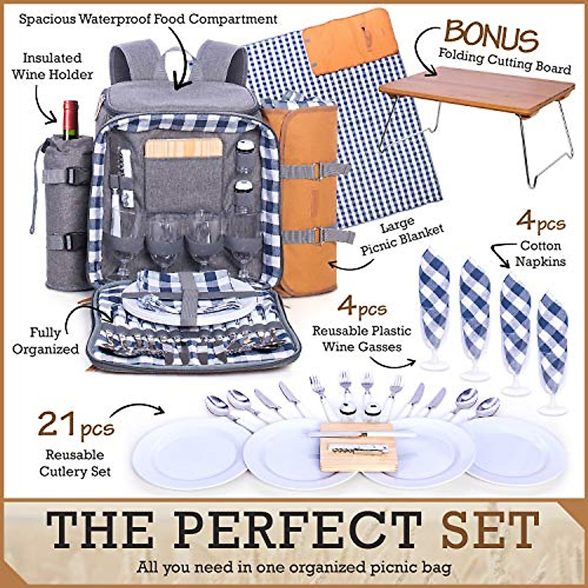 Family Picnic Backpack for 4 - Picnic Backpack for 4 with Folding Table, Insulated Cooler Compartment, Wine Holder, Waterproof Picnic Bag with Blanket and Complete Cutlery Picnic Set - Gray