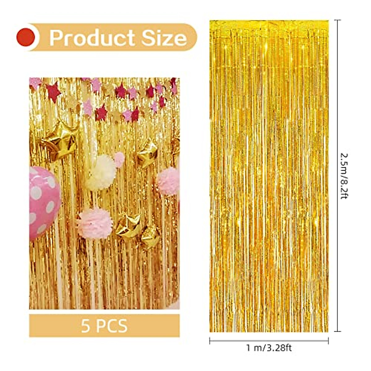 5 Pack Gold Fringe Curtain Backdrop 3.2ft x 8.2ft Metallic Tinsel Foil Fringe Streamers for Photo Booth Props Background Birthday Party Decorations Wedding Christmas Halloween Decorations (Gold)