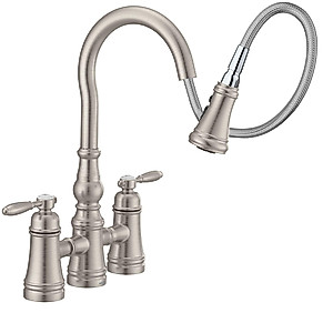Moen S73204SRS Weymouth Two Handle Pulldown Bridge Kitchen Faucet, Spot Resist Stainless