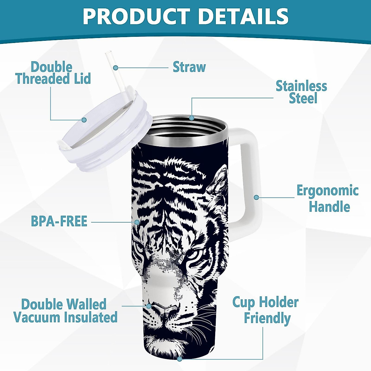 ALAZA White Tiger Portrait 40 oz Tumbler Stainless Steel Water Bottle Vacuum Insulated Cup with Straw Lid & Handle For Travel Car Cup Holder