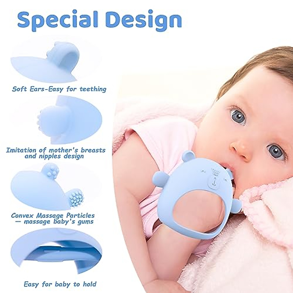 Baby Teething Toys, 3 PCS Teethers Set for 0-6, 3-6 Months & 6-12 Months, Baby Essentials, Infant Toys, Baby Chew Toys Set Food Grade Silicone, Bear Shape Teething Toy Fruit Shape Teether Set