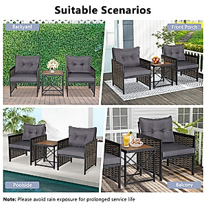 Tangkula 3 Piece Rattan Chair Set, Patio Wicker Chairs and Coffee Table Set, Heavy-Duty Metal Frame & Durable Acacia Wood Tabletop, Outdoor Furniture Set for Backyard, Front Porch, Deck (Gray)