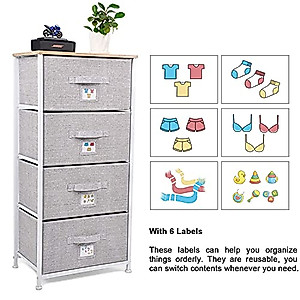 CERBIOR Drawer Dresser Closet Storage Organizer with Label Card 4-Drawer Closet Shelves, Sturdy Steel Frame Wood Top with Easy Pull Fabric Bins for Clothing, Blankets - Grey