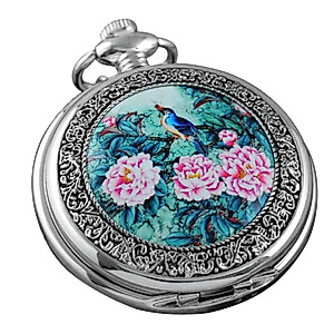 VIGOROSO Quartz Beautiful Peony Bird Enamel Painting Steampunk Silver Pocket Watches in Box