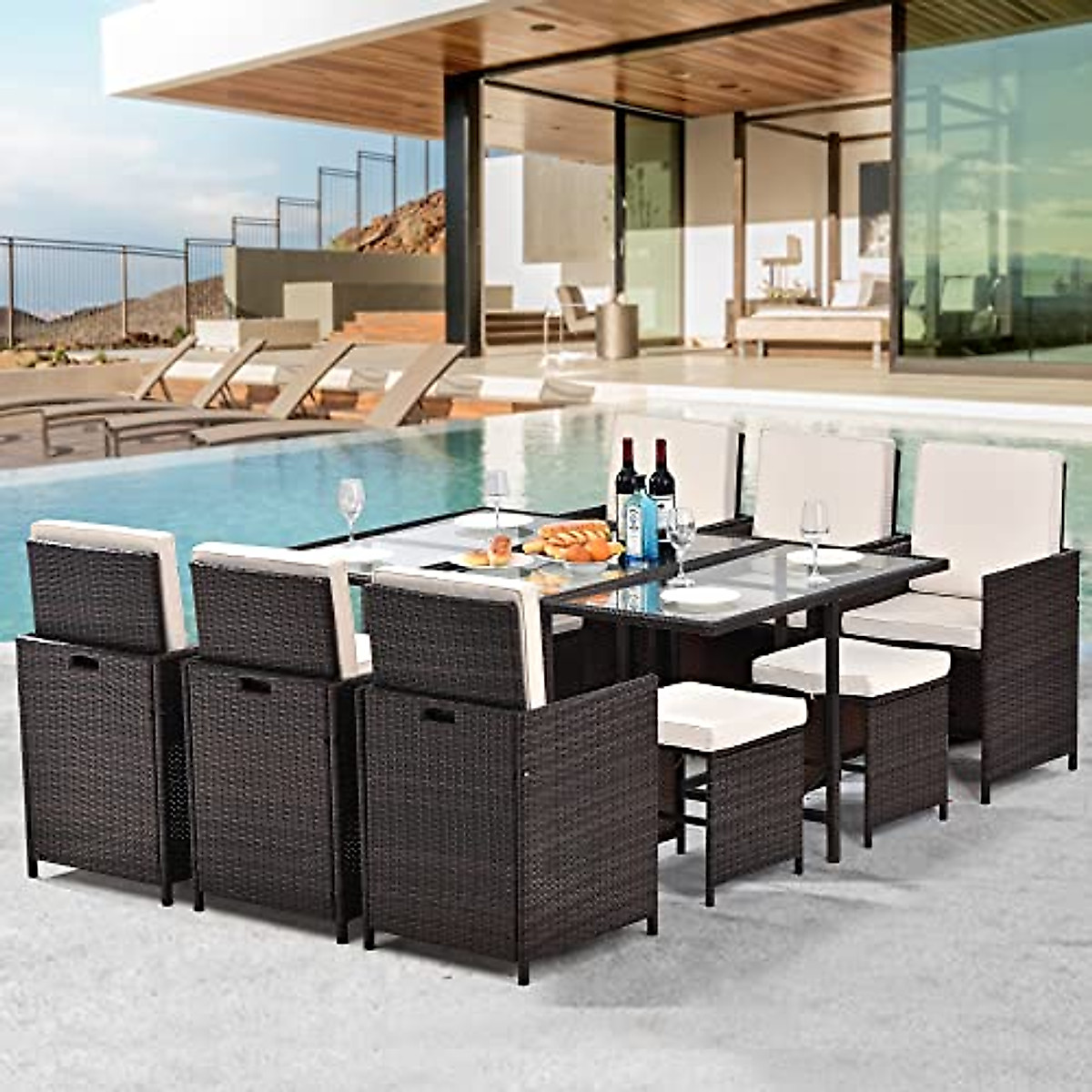 11 Piece Outdoor Garden Patio Furniture PE Rattan Wicker Dining Set Sectional Conversation Patio Set with Ottomans