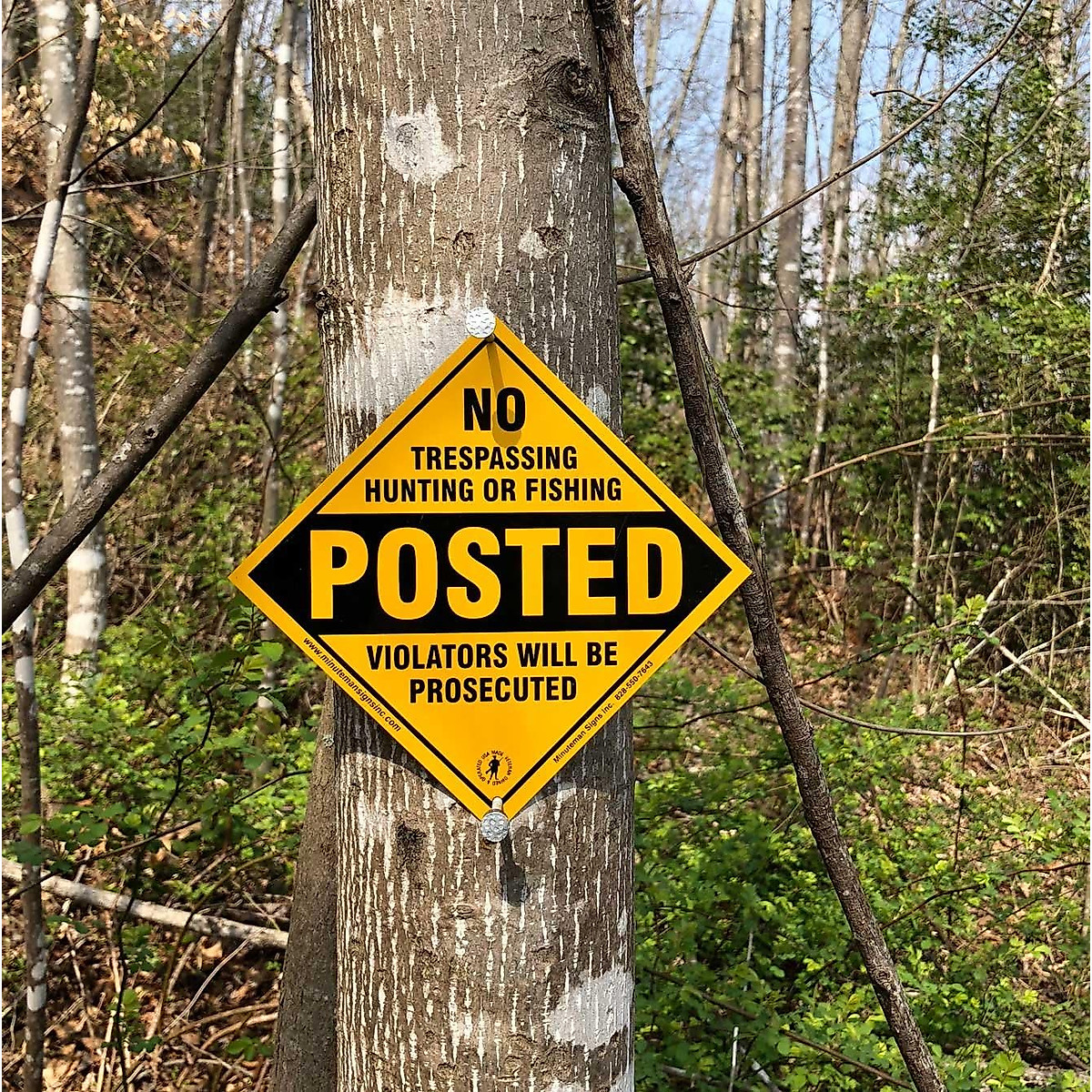 No Trespassing, No Hunting, No Fishing, Boundary Marker, Small, Diamond, Aluminum, Yellow, 10 Pack