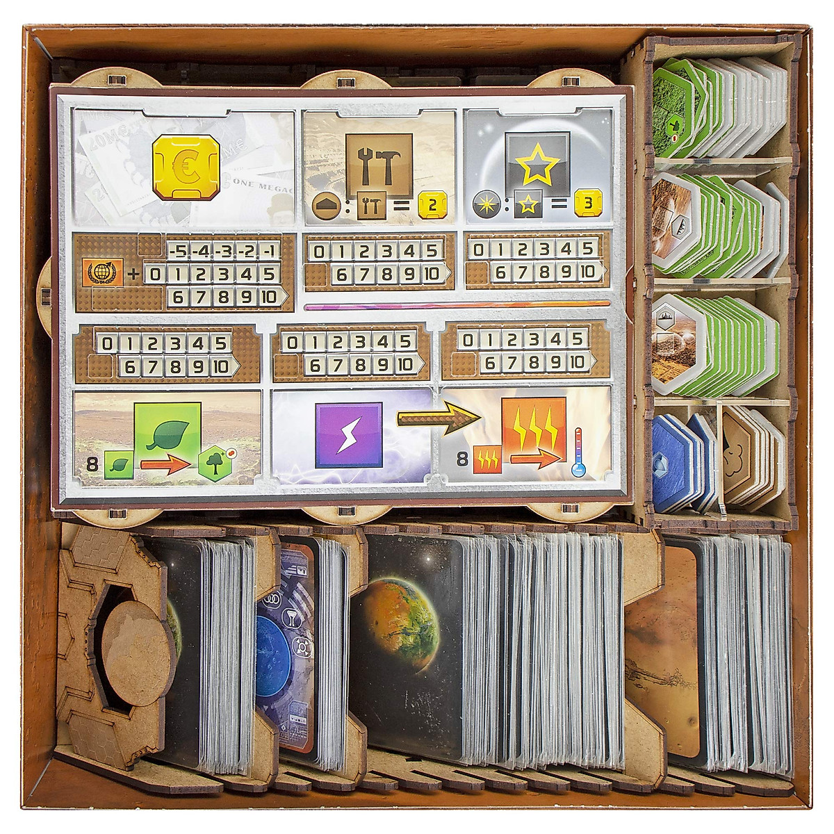 TowerRex Board Game Organizer for Terraforming Mars board game box, Terraforming Mars boardgame expansions, Turmoil, Colonies expansion, Prelude expansion, Hellas and Elysium expansion, Venus Next