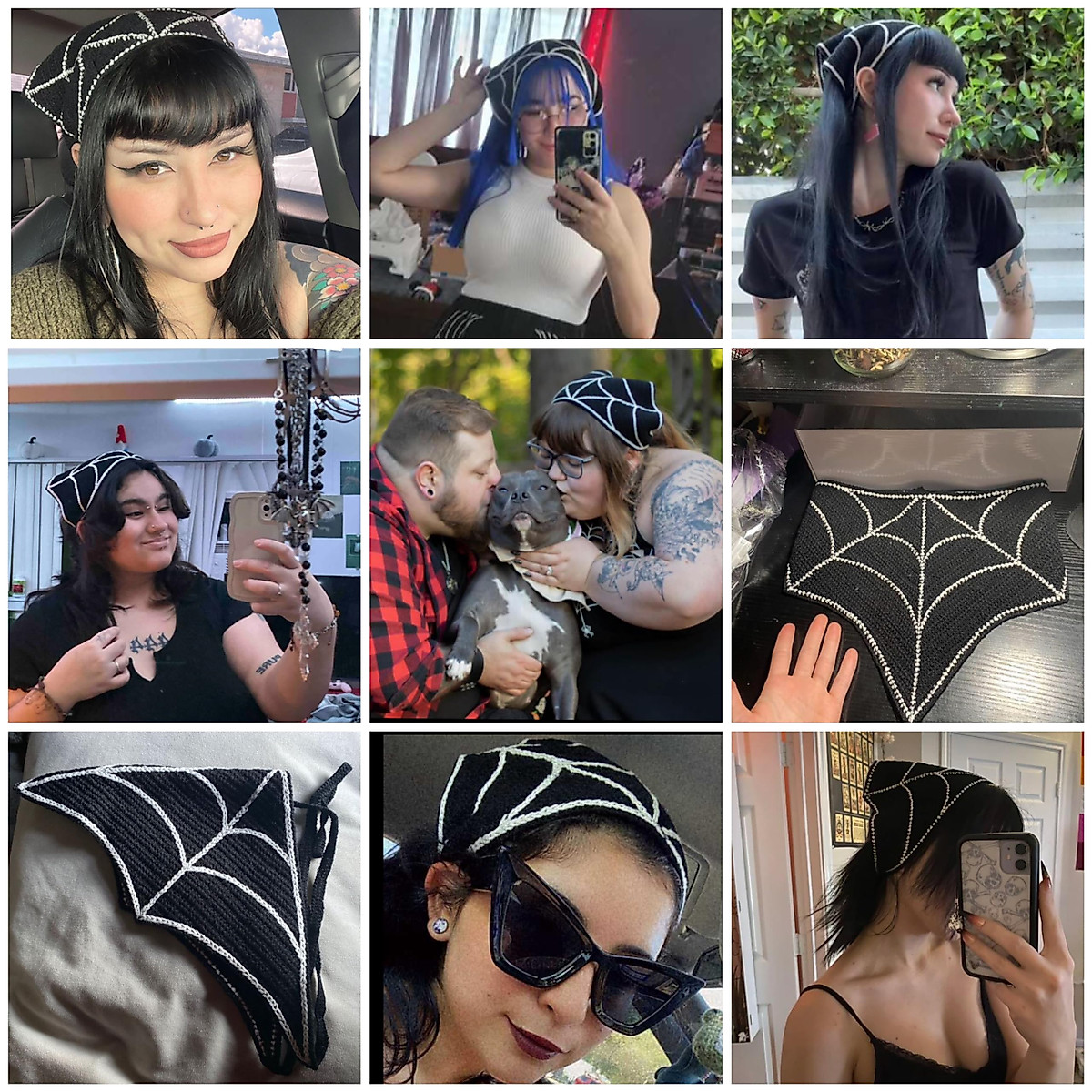 ClawsandPaws Gothic Spiderweb Crochet Bandana Scarf, Spiderweb Greyscale Halloween Style, Spider Web Witch Board Gothic Neck Bandanas, Triangle Headband, Unisex, Black