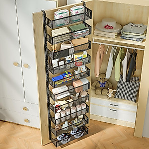 DAOTENGQL Over the Door Organizer Hanging with 10 tiers Mesh Baskets, Stable & Adjustable Pantry Spices Rack for Snacks Baby Essentials Toiletries Toys and Small Clothes, etc, Black, (SA005)