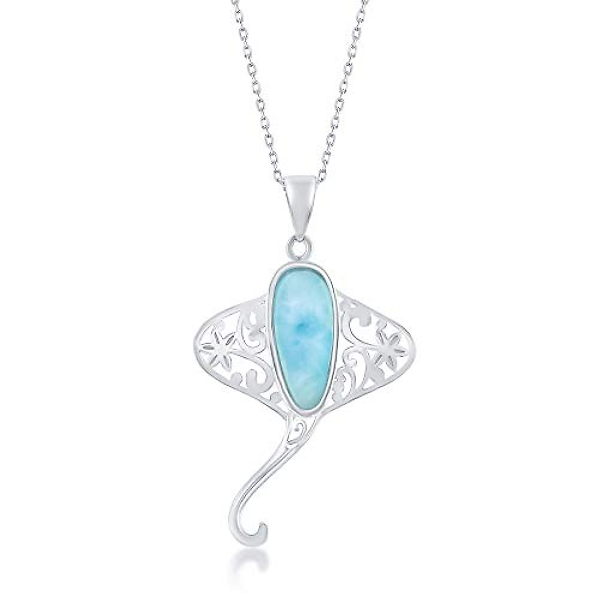 Beaux Bijoux Nautical Stingray Caribbean Natural Larimar Gemstone Sterling Silver Pendant 18’’ Necklace Jewelry for Women or Teens