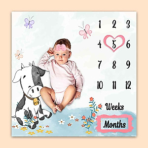 PHMOJEN Cow Baby Monthly Milestone Blanket, Farm Animals Butterflies Grass Flowers, Newborns 1 to 12 Months Unisex Include 4 Frames and 1 Headband 47"x47"BTLSPH503