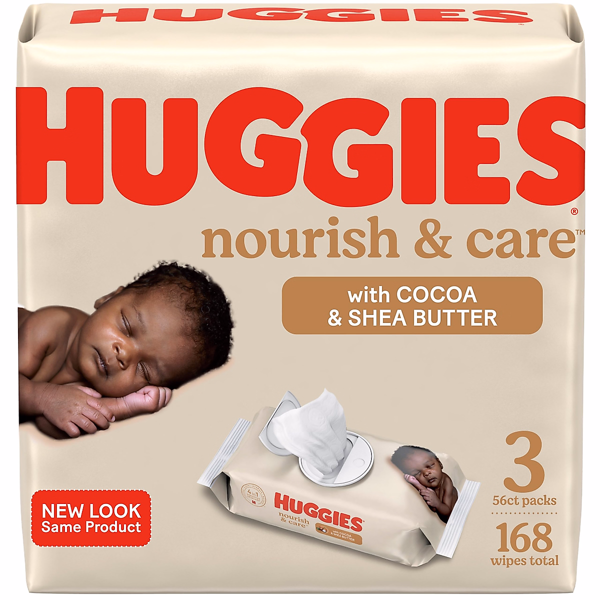 Baby Wipes, Scented, Huggies Nourish & Care Baby Diaper Wipes, 56 Count, Pack of 3 Flip-Top Packs (168 Wipes Total)