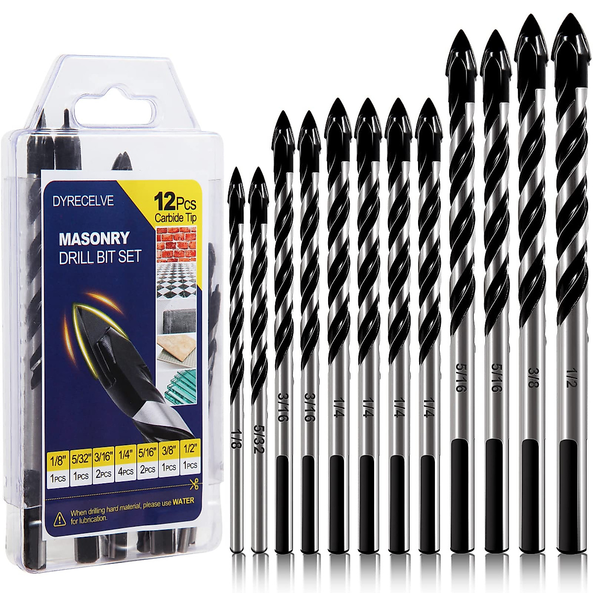 12-PCS Masonry Drill Bit Set & Concrete Drill Bit Set, 1/8 to 1/2 inch Professional Carbide Drill Bits Tip for Glass, Tile, Brick, Cement Concrete Plastic Wood etc. Masonry Drill Bits Set by DYRECELVE