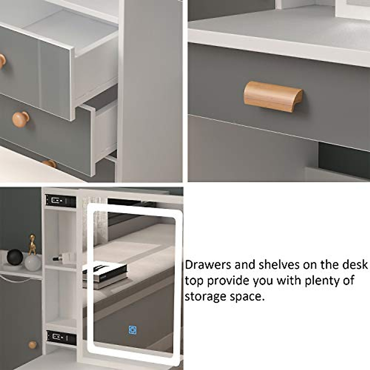 FUFU&GAGA Vanity Set Makeup Vanity Dressing Table with Sliding Lighted Mirror, 4 Drawers & Shelves, Dresser Desk and Cushioned Stool Set (White/Grey)