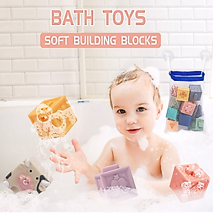 QLOTS Baby Blocks, Baby Toys 12PCS Soft Stacking Building Blocks Infant Bath Toys for Toddler 12 Month 1 2 Years Old Boys&Girls Gift Safe Teething Squeeze Sensory Toys with Suction Cup Storage Bag