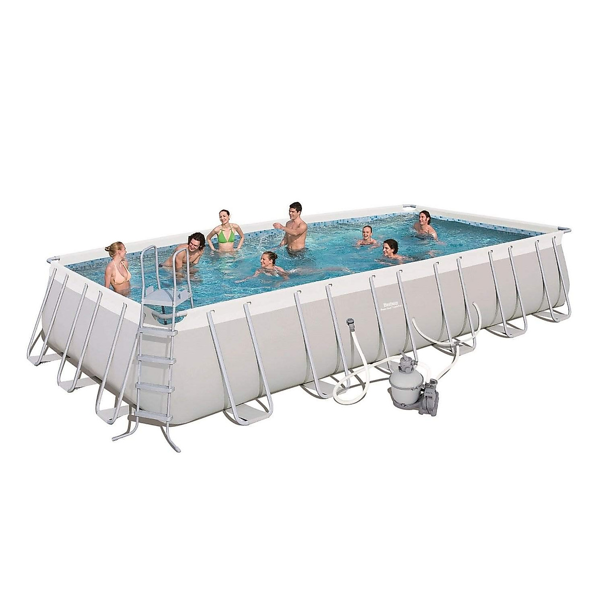 Bestway 24ft x 12ft x 52in Rectangular Frame Family Swimming Pool and Test Kit with Alloy Steel, Heavy Duty PVC, Blue, Gray, and White