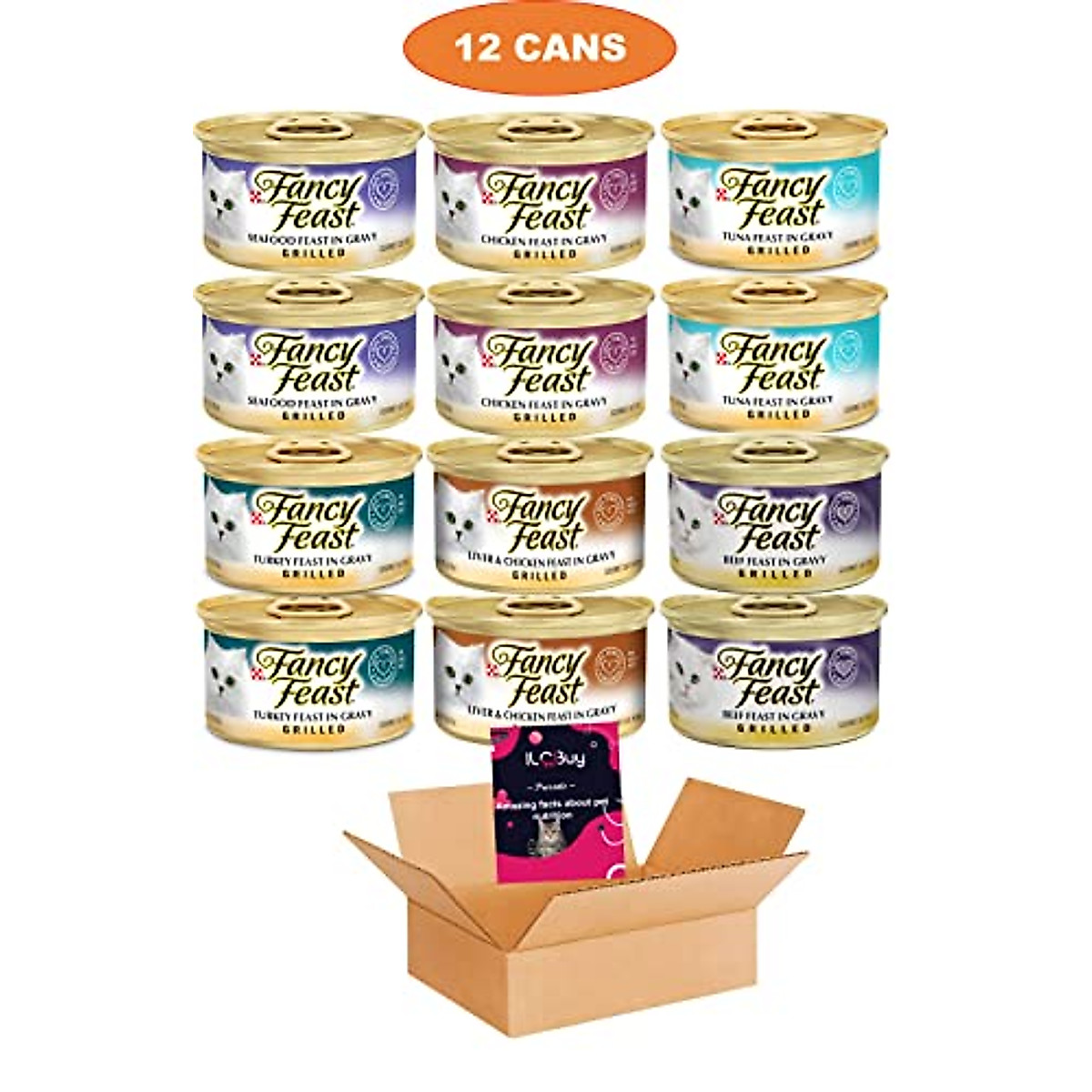 Fancy Feast Grilled Wet Canned Food cat Food Bundle, Variety Pack :02 Seafood,02 Chicken, 02 Tuna,02 Turkey,02 Liver&Chicken,02 Beef Grilled. Pack of 12 cans in Total. Plus Booklet.