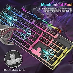 Wireless Gaming Keyboard and Mouse Combo,Translucent Pudding Keycap,3650mAh Rechargeable Battery,RGB Ergonomic Mechanical Feel Keyboard,4800 DPi Rainbow Led Mute Mouse 2.4G USB for PC/Mac(Black)