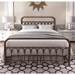 YALAXON Vintage Sturdy Queen Size Metal Bed Frame with Headboard and Footboard Basic Bed Frame No Box Spring Needed，Antique Brown.