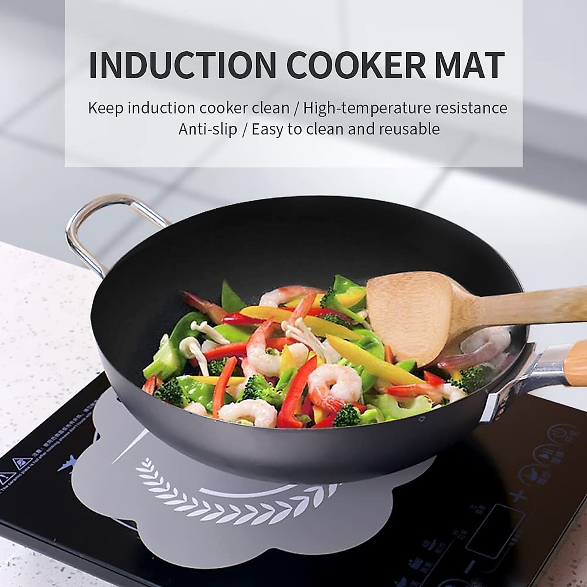 Induction Cooktop Protector Mat While Cooking 2 pcs Non Slip Pad Guard from Pollution Induction Cooker Protection Mat 10inches Flower Shape Grey Color Silicone Scratch Protector