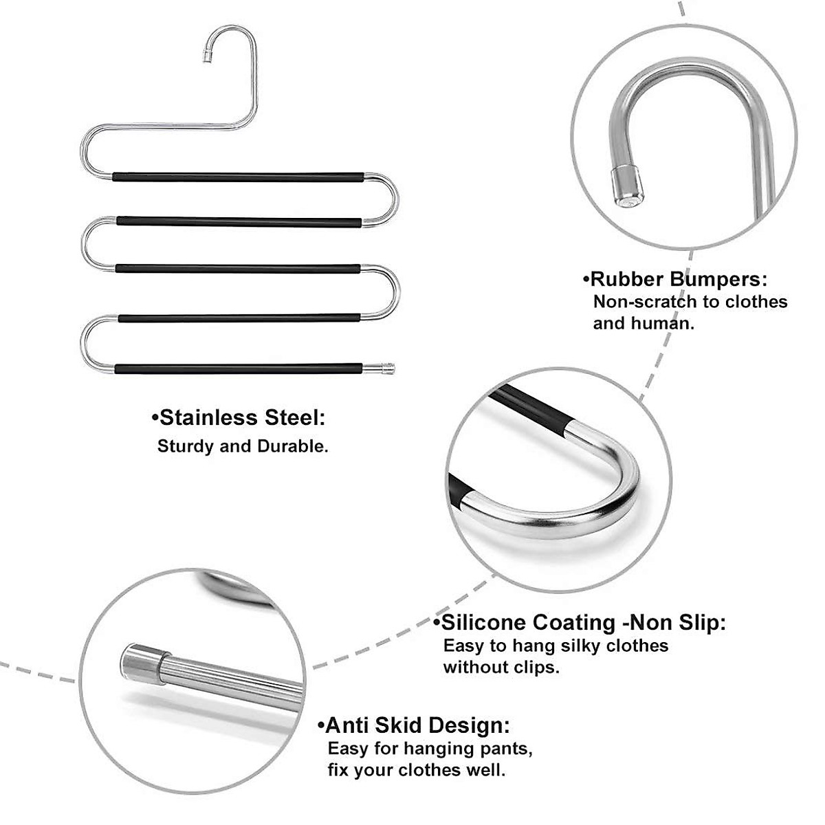HonTop 3 Pack Pants Hangers S-Shape 5 Layers Stainless Steel with Black Silicone Coating Multi Clothes Cascading Pants Hangers Space Saving Clothes Organizer for Jeans Pants Scarf Ties Towels