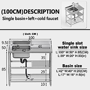 Outdoor utility garage sink,commercial sink with faucet,Indoor kitchen Stainless Steel sink,1 Compartment,Industrial station laundry & utility room sinks,with storage rack,for restaurant,Basement. (