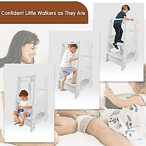 ECOMEX Toddler Standing Tower for Kitchen, Step Stool for Kid's Adjustable Height Learning Stool, Removable Anti-Drop Safety Rail Stool for Bedroom, Bathroom, White