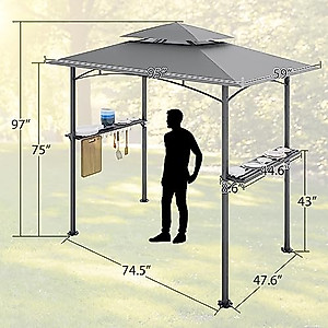 Zevemomo Grill Gazebo, 8x5 FT Grill Canopy for Outdoor Grill, Double Tiered BBQ Canopy Tent with 2 Shelves, 10 Hooks and Bottle Opener, All Weather Outdoor Gazebo for Patio, Backyard, Garden, Gray