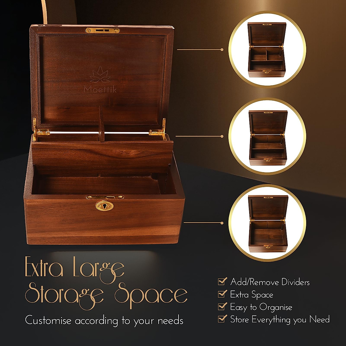 Moettik Premium Storage Box -Acacia Wooden Smell Proof Locking Storage Box with Accessories Removable Wood Tray, Glass Jars, Metal Tube, Ceramic Tray, Brush, Brown Upgraded Design