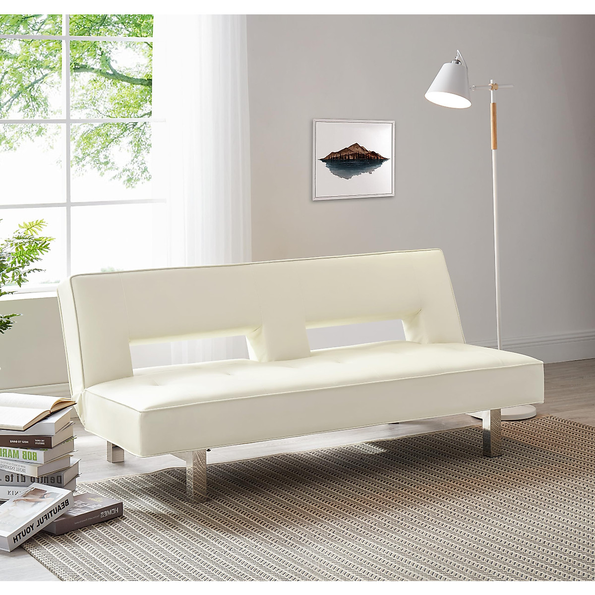 Astrid Futon Sofa Bed Faux Leather Futon Couch Modern Convertible Folding Sofa/Bed Couch with Chrome Legs Reclining Mini Coach Leather Futons Small Couch for Bedroom Living Rooms, Office - Cream