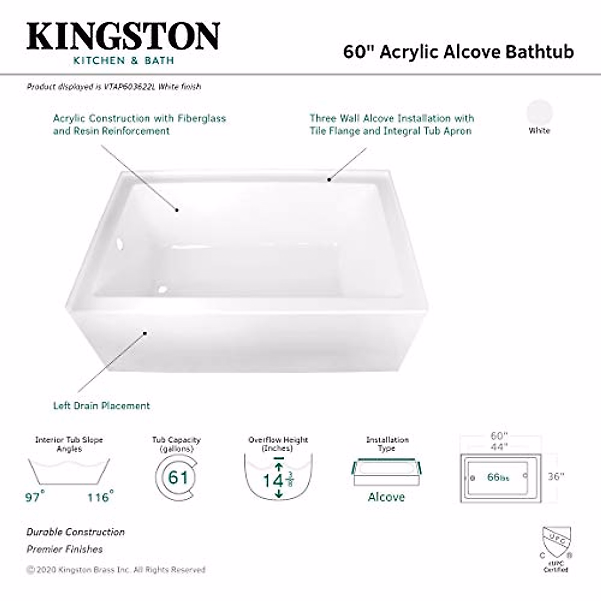 Kingston Brass Aqua Eden VTAP603622L 60-Inch Acrylic Alcove Tub with Left Hand Drain, White