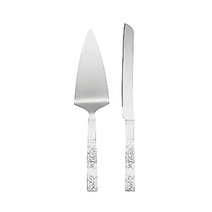 Lenox Bridal Silver Peony Personalized Wedding Cake Cutting Set, Custom Engraved Wedding Cake Knife and Server Set, Accessories and Gifts for Bride and Groom