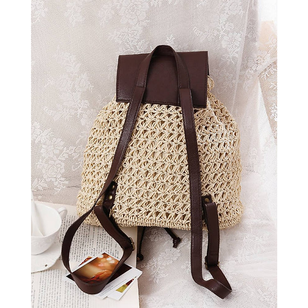 TONWHAR® Paper String Woven Purse Straw Backpack for Beach (Beige)