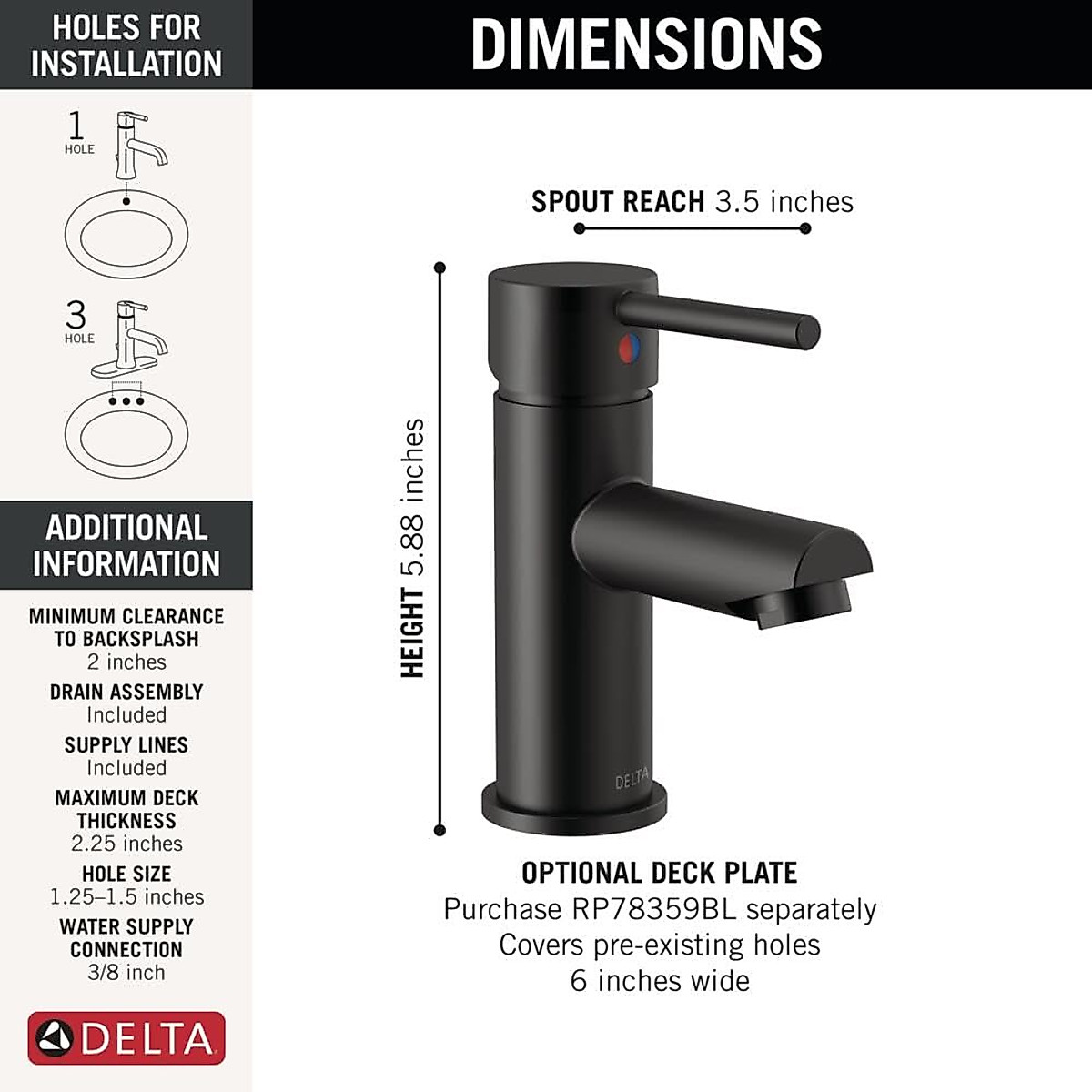 DELTA 559LF-BLGPM-PP Modern Handle Lavatory Faucet Single Hole, Matte Black