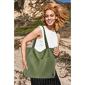 Prite Corduroy Tote Bag for Women Large Shoulder Bag with Zipper and Pockets for College Work Travel Shopping(Green)