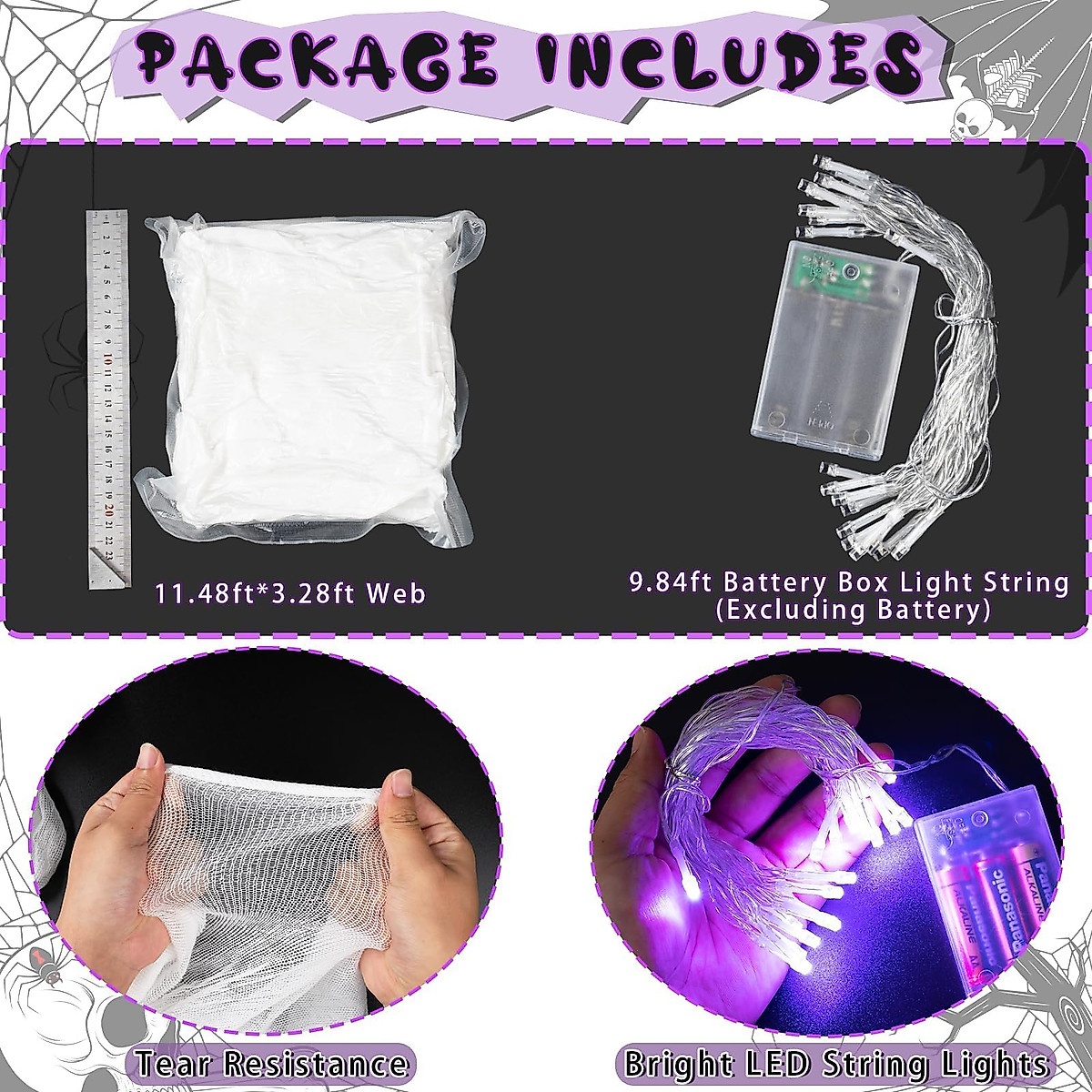 Beef Netting Spider Web for Halloween Outdoor Decoration White Stretchy Beef Netting Roll Spider Web with Purple LED String Lights for Light Up Scary Halloween Yard Garden Decorations
