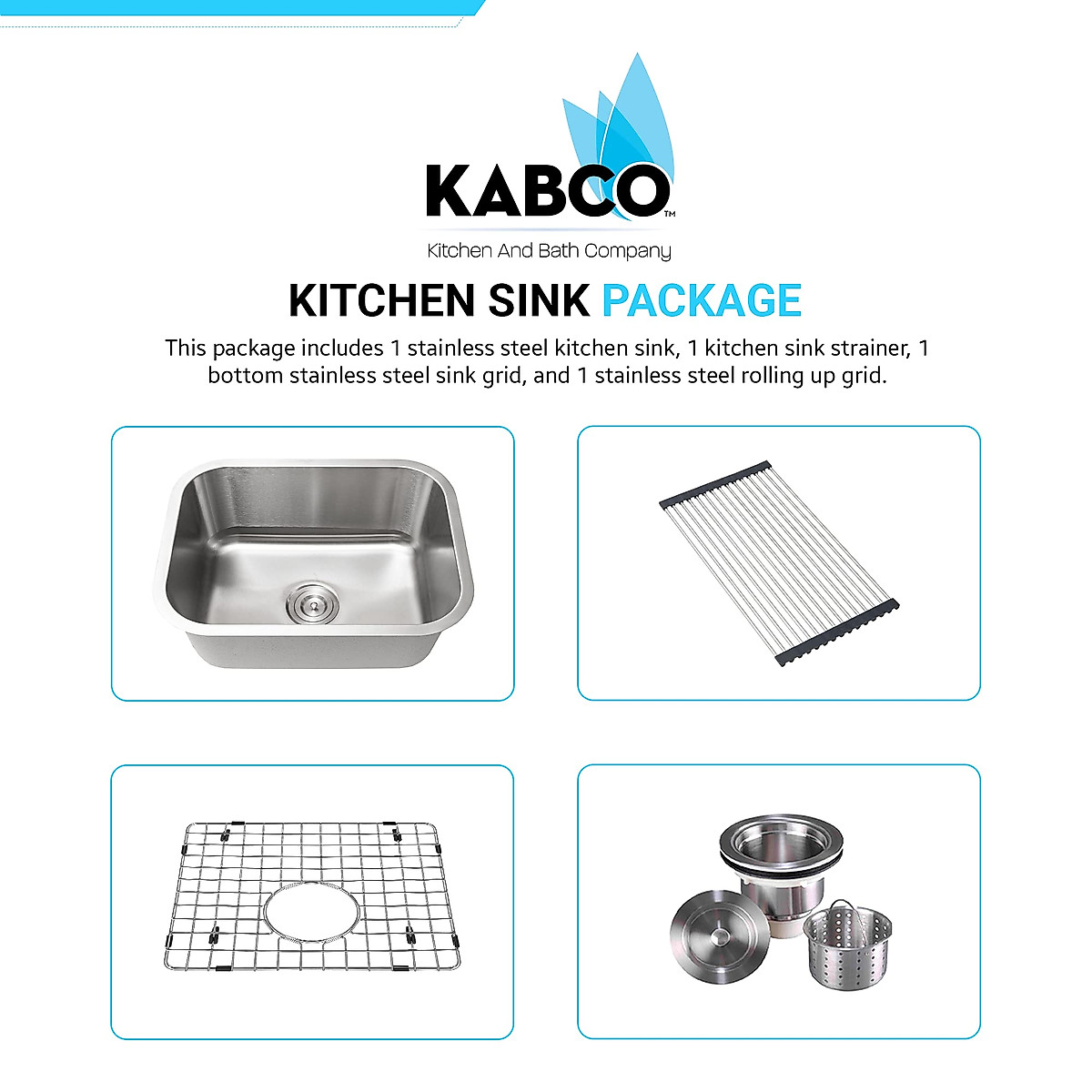 KABCO 23 Inch Single Bowl Stainless Steel Classic Kitchen Bar Sink, Rust, Sound and Heatproof Swirl Finish Stainless Steel Deep Sink with Kitchen Sink Strainer, Bottom Sink Grid and a Rolling Up Grid