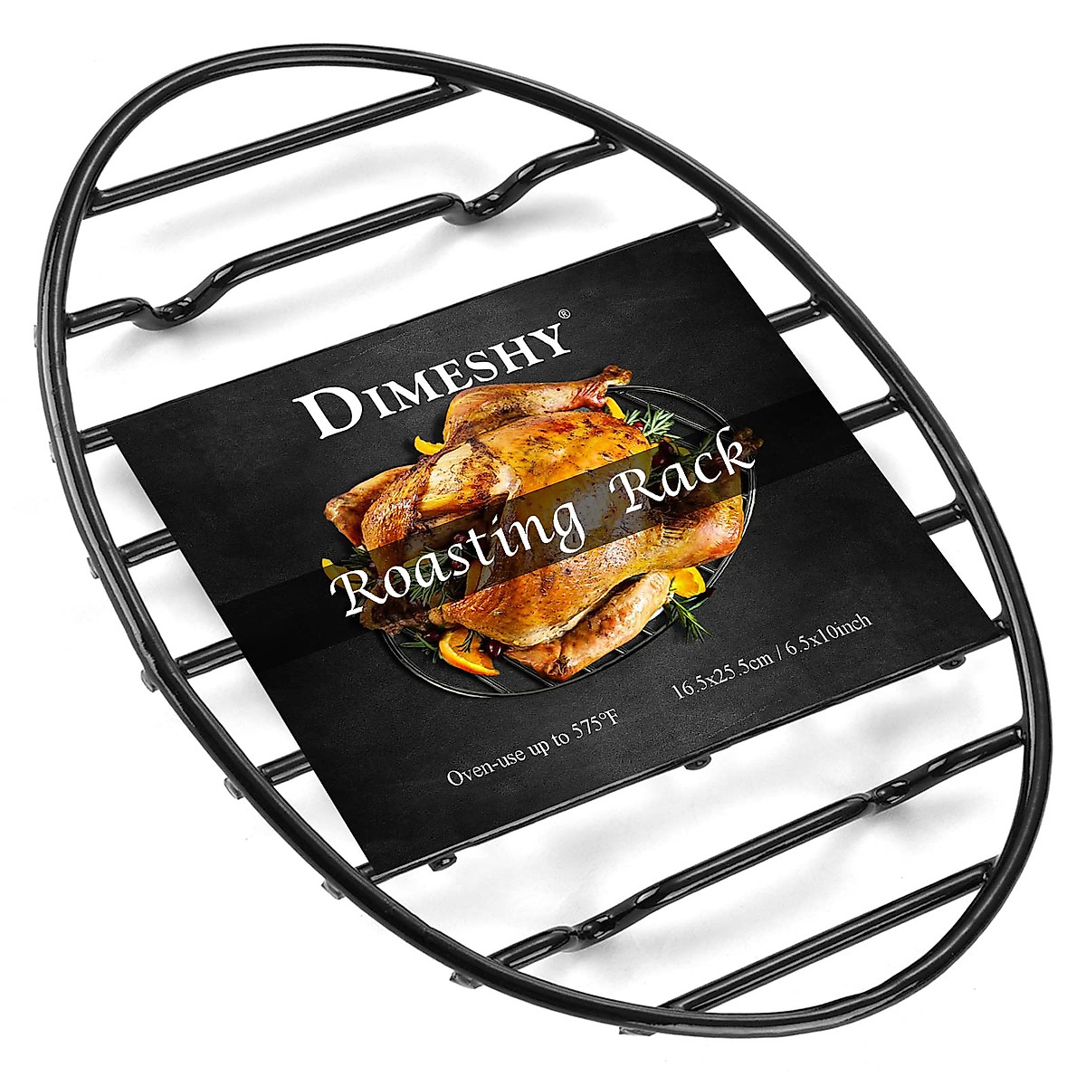 DIMESHY Roasting Rack, Black with Integrated Feet, Enamel Finished, Nonstick, fit for 13 inches oval roasting pan, safety, dishwasher, Great for Basting, Cooking, Drying, Cooling rack.(10”x 6.5”)