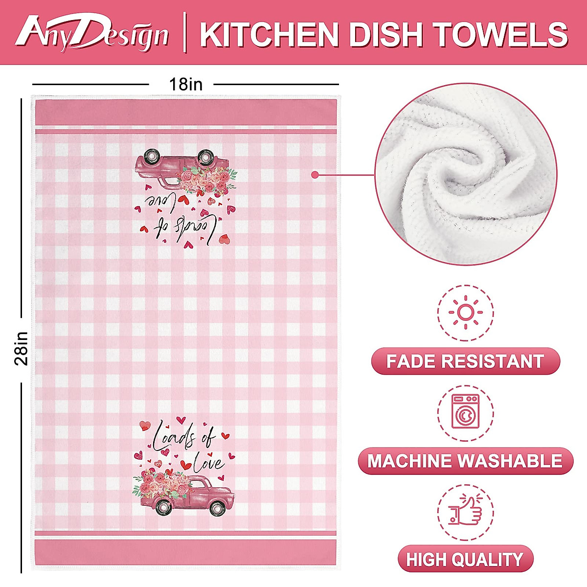 AnyDesign Valentine's Day Kitchen Towel Pink Romantic Truck Love Gnome Dish Towel Buffalo Plaids Sweet Hand Drying Tea Towel for Wedding Anniversary Cooking Baking, 18 x 28 Inch, Set of 4