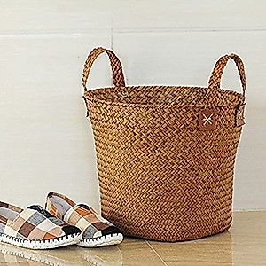 UXZDX Natural Straw Basket Trash Basket, Handmade, Practical Storage Basket with Handle