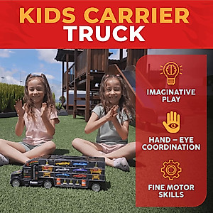 Wolvolk Transport Car Carrier Truck Toy - Car Transporter Carrier Truck Car Set- Toy Car Storage Organizer - Car Carriers Toy Trucks for Boys Age 4-7 with 6 Matchbox Cars, Construction Signs and Cones