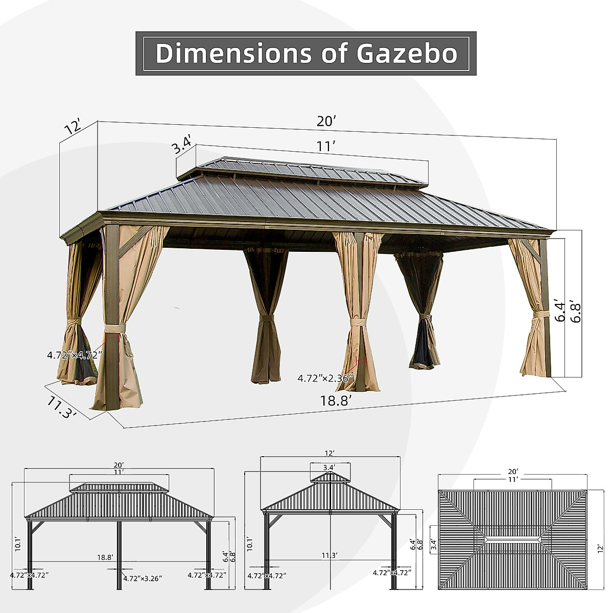 Domi Outdoor Living 12’ X 20’ Hardtop Gazebo, Outdoor Aluminum Frame Canopy with Galvanized Steel Double Roof, Outdoor Permanent Metal Pavilion with Curtains and Netting for Patio, Backyard and Lawn