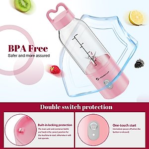 Portable Personal Blender 17 OZ/500 ML Juicer, 175W Personal Size Blender, Ideal for Smoothies, Ice Blending, Juicing, and Food Processing, Compact, Convenient, and Versatile (Pink)