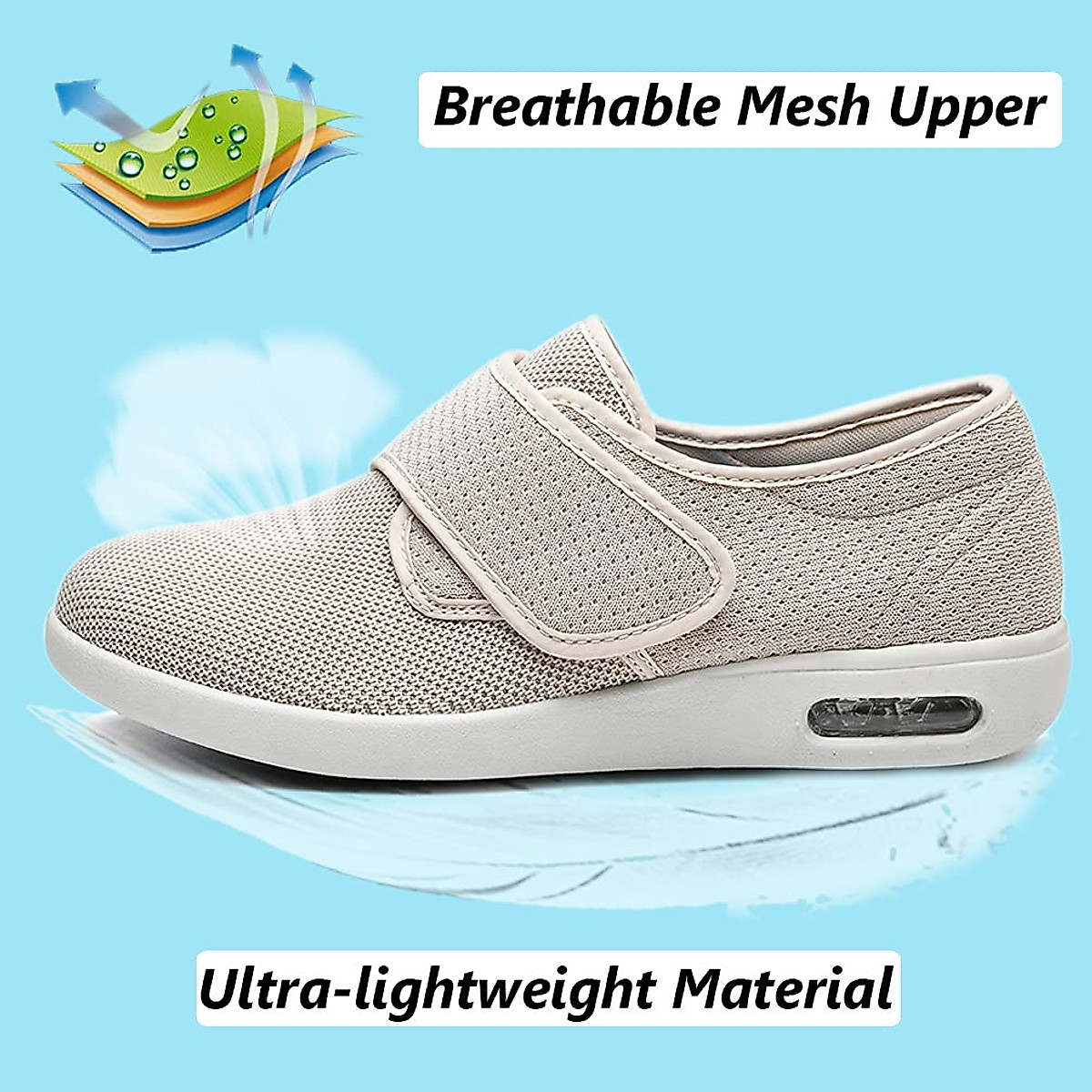 W&LESVAGO Women's Wide Width Non-Slip Diabetic Walking Shoes with Air Cushion,Lightweight Adjustable Edema Sneakers for Arthritis Swollen Feet(Beige,9)