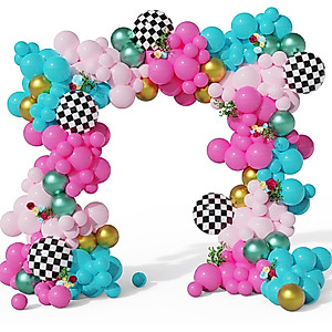 Enanal Alice Wonderland Balloon Garland Arch Kit, 144pcs Lake Blue Hot Pink Balloons with Chessboard Foil Balloons for Spring Tea Party Supplies Onederland First Birthday Baby Shower Decorations