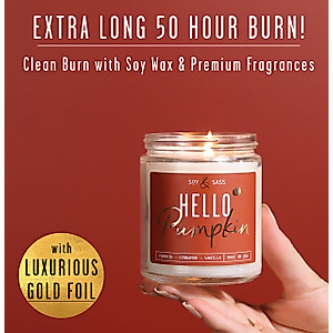 Fall Candles, Pumpkin Candle - 'Hello Pumpkin' Soy Pumpkin Spice Candle I Infused with Essential Oils I Fall Candle Decor, Fall Scented Candle I 9oz Reusable Jar I 50 Hour Burn I Made in USA