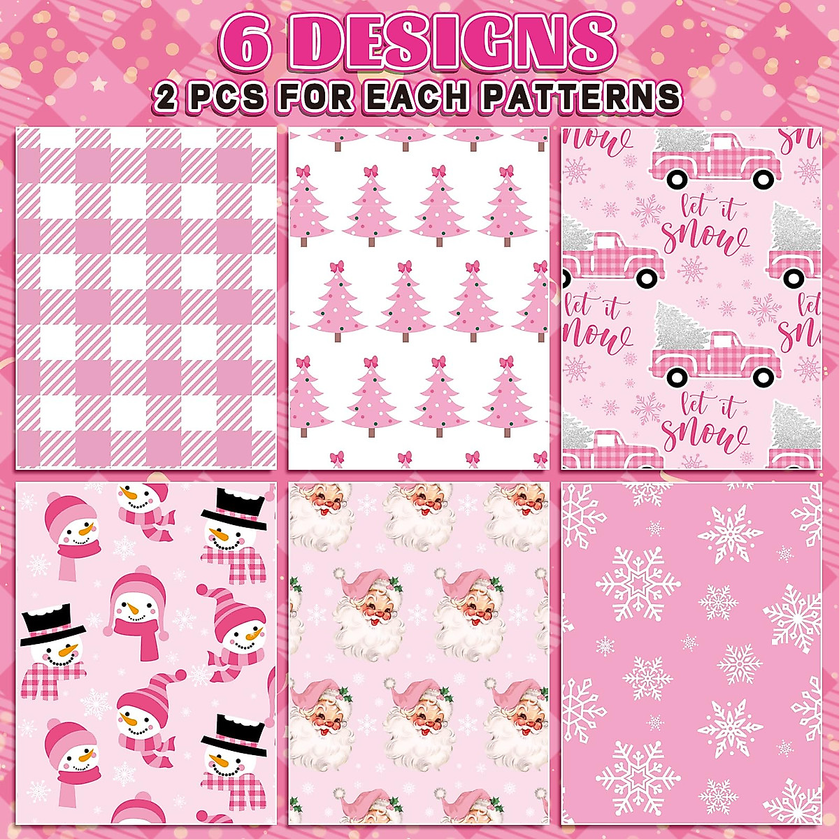 Whaline 12 Sheet Pink Christmas Wrapping Paper Winter Pink Gift Wrap Paper Xmas Tree Santa Snowman Snowflake Folded Flat DIY Craft Art Paper for Party Decor Supplies, 19.7 x 27.6 Inch