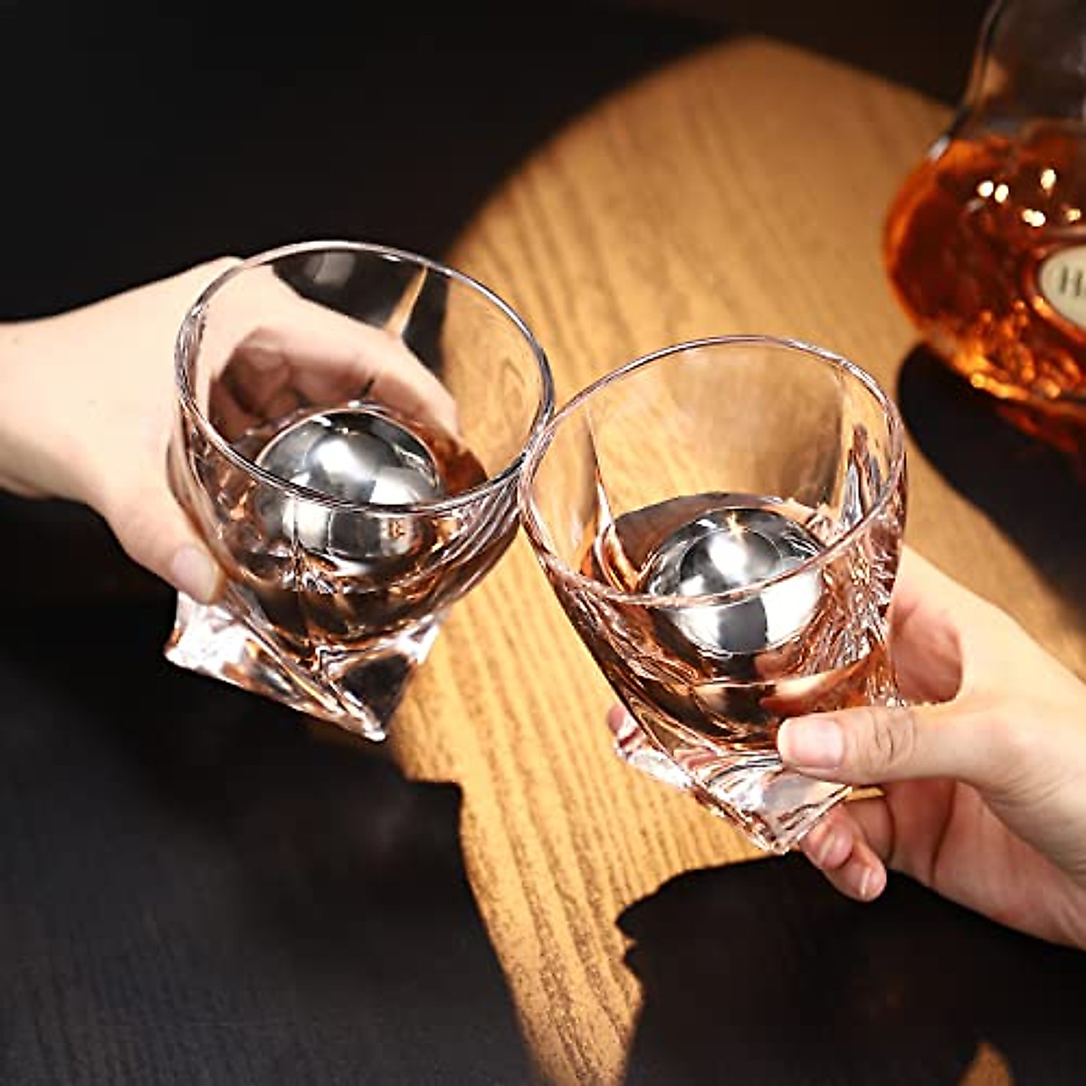 Old Fashioned Whiskey Glasses,Set of 6 (2 Crystal Bourbon Glasses,2 Stainless Steel Ice Balls,2 Round Big Ice Molds )-9 Oz Whiskey Rocks Glass for Scotch Cocktail Rum Cognac Vodka Liquor,Gift for Men