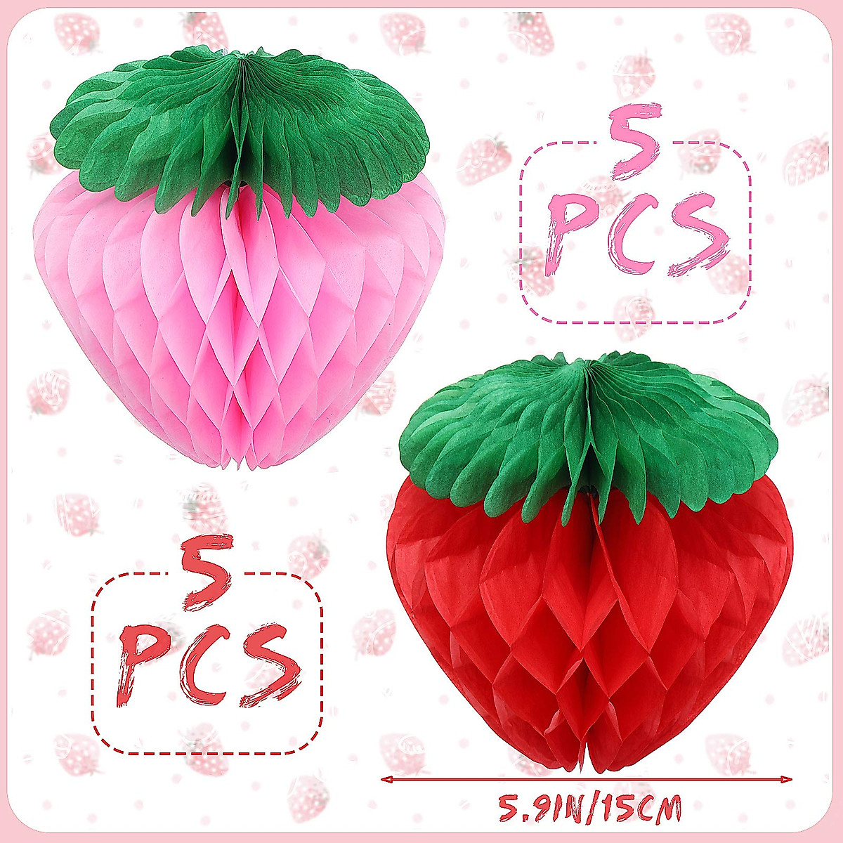 Skylety 10 Pieces 6 Inch Paper Strawberry Honeycomb Ball Tissue Paper Strawberry Ball for Strawberry Birthday Party Decoration (Red and Pink)